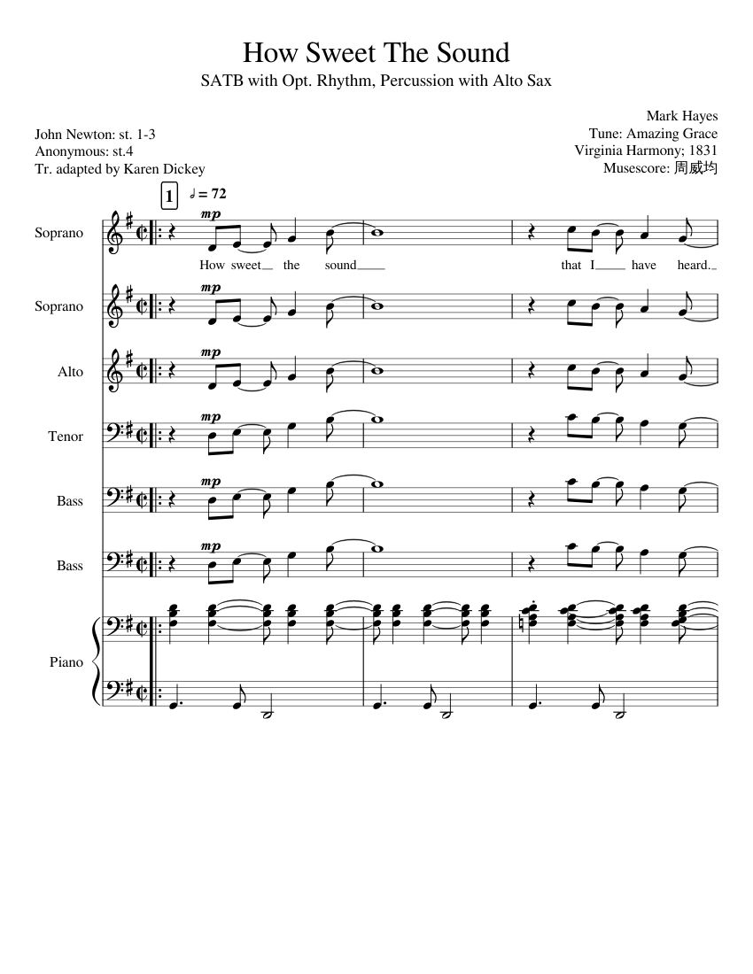 27 How Sweet The Sound Sheet music for Piano, Soprano, Alto, Tenor ...