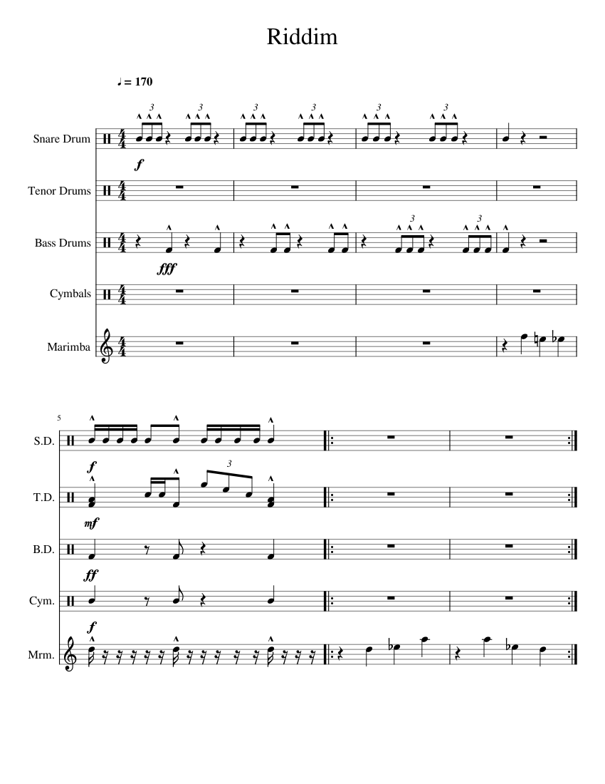Riddim Sheet music for Snare drum, Crash, Tenor drum, Bass drum & more ...