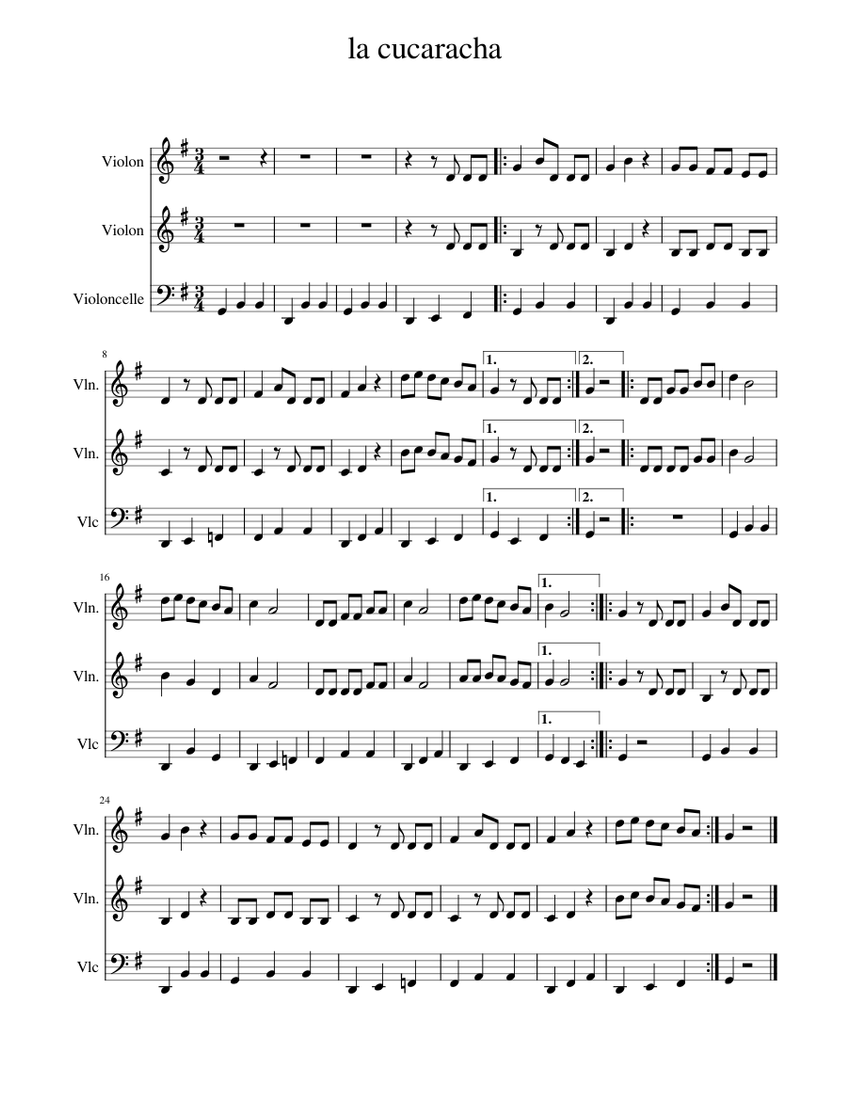 la cucaracha Sheet Music for Violin, Cello (String Trio) | MuseScore.com