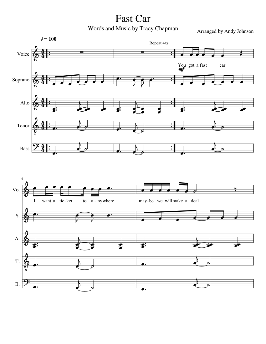 Fast Car Sheet Music for Soprano, Alto, Tenor, Bass voice & more ...