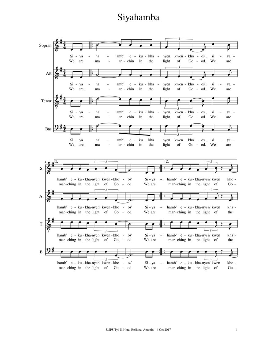 Siyahamba Sheet Music for Soprano, Alto, Tenor, Bass voice (SATB ...