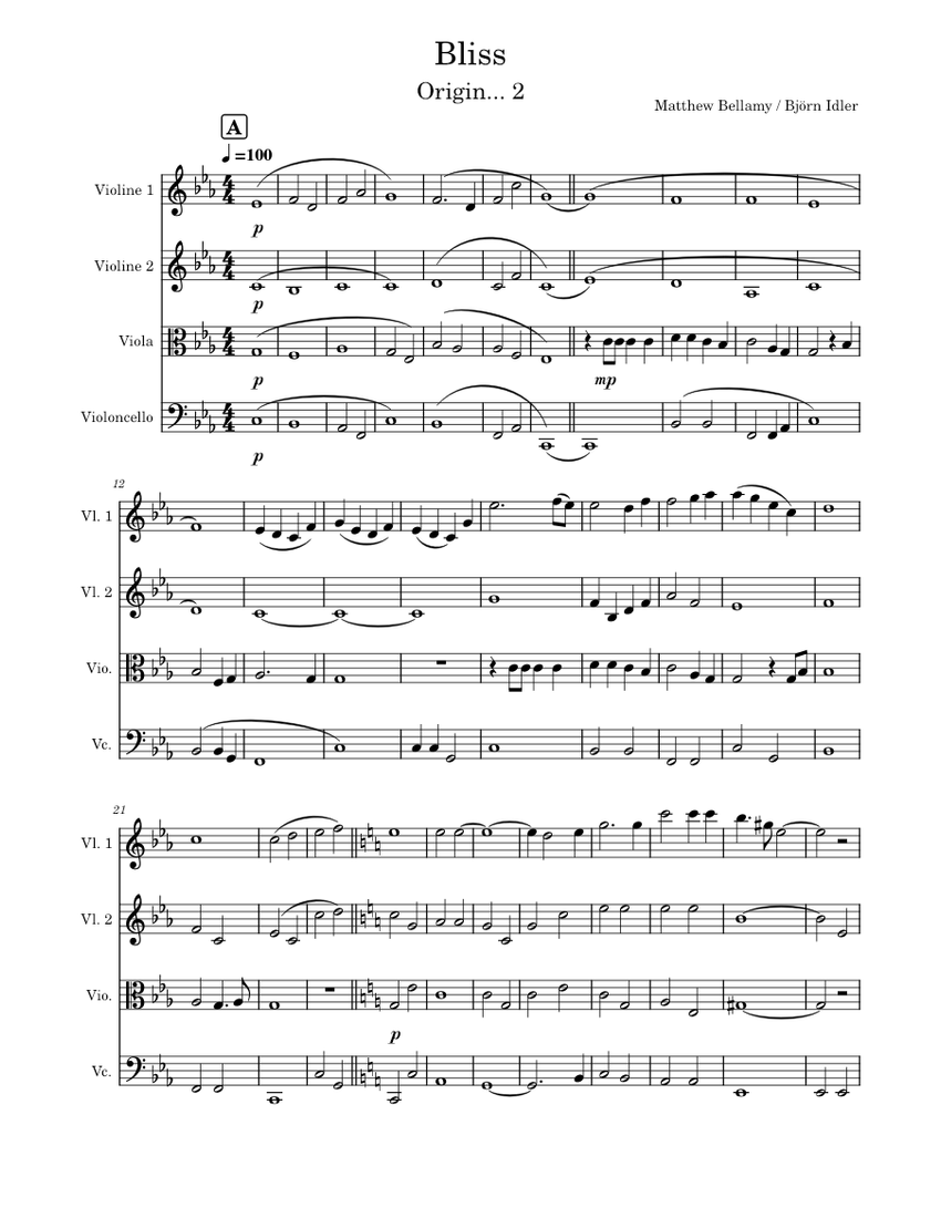Muse - Bliss Sheet Music for Violin, Viola, Cello (String Quartet ...
