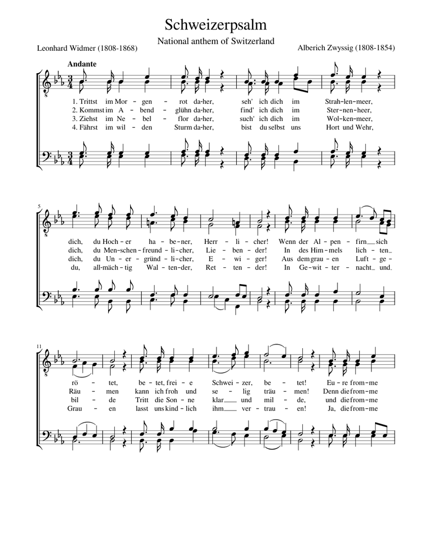 National anthem of Switzerland - Schweizerpsalm (Swiss Psalm) Sheet ...