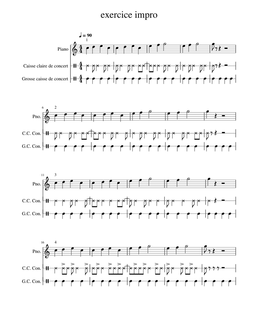 exercice impro clapping Sheet music for Piano, Snare drum, Bass drum ...