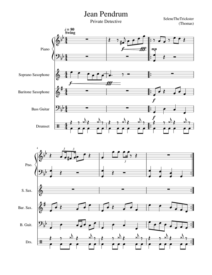 Jean Pendrum Sheet music for Piano, Saxophone baritone, Bass guitar ...