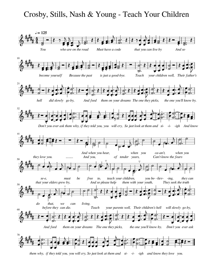 Crosby, Stills, Nash & Young - Teach Your Children Sheet Music for ...
