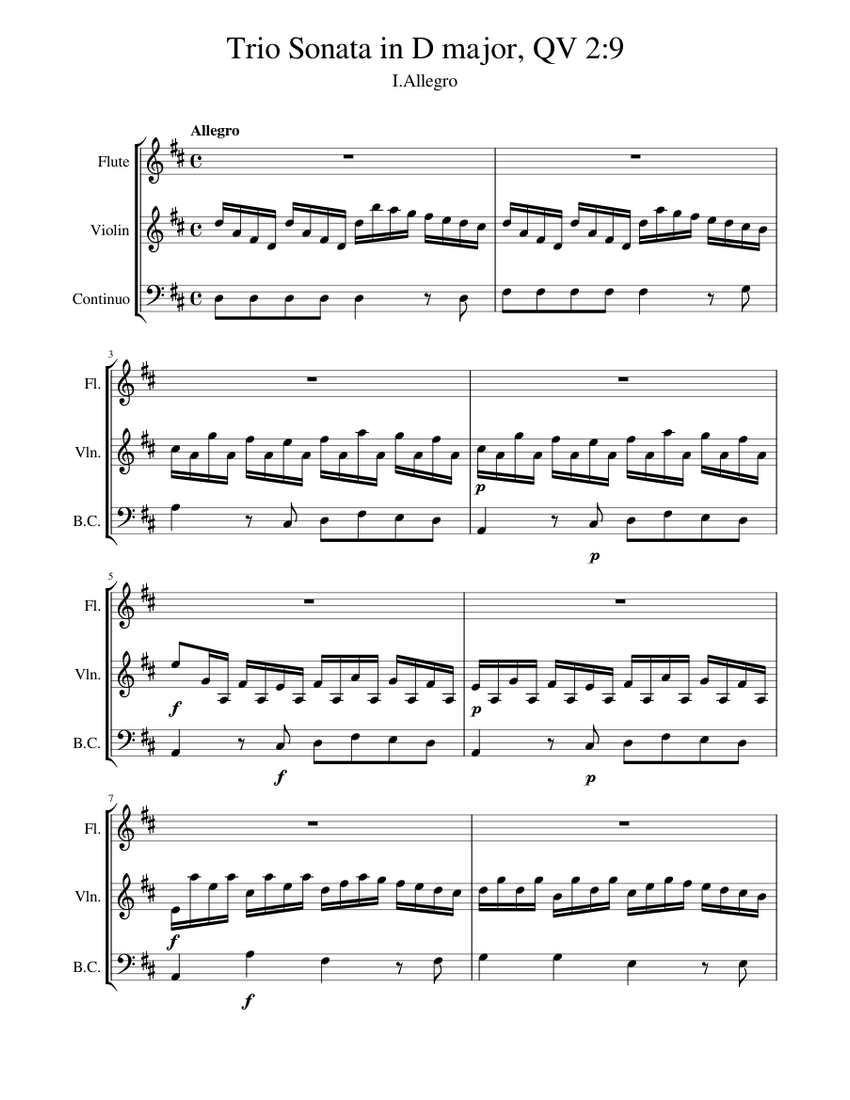 Johann Joachim Quantz - Trio Sonata in D major, QV 2:9 I.Allegro Sheet music for Flute, Violin ...