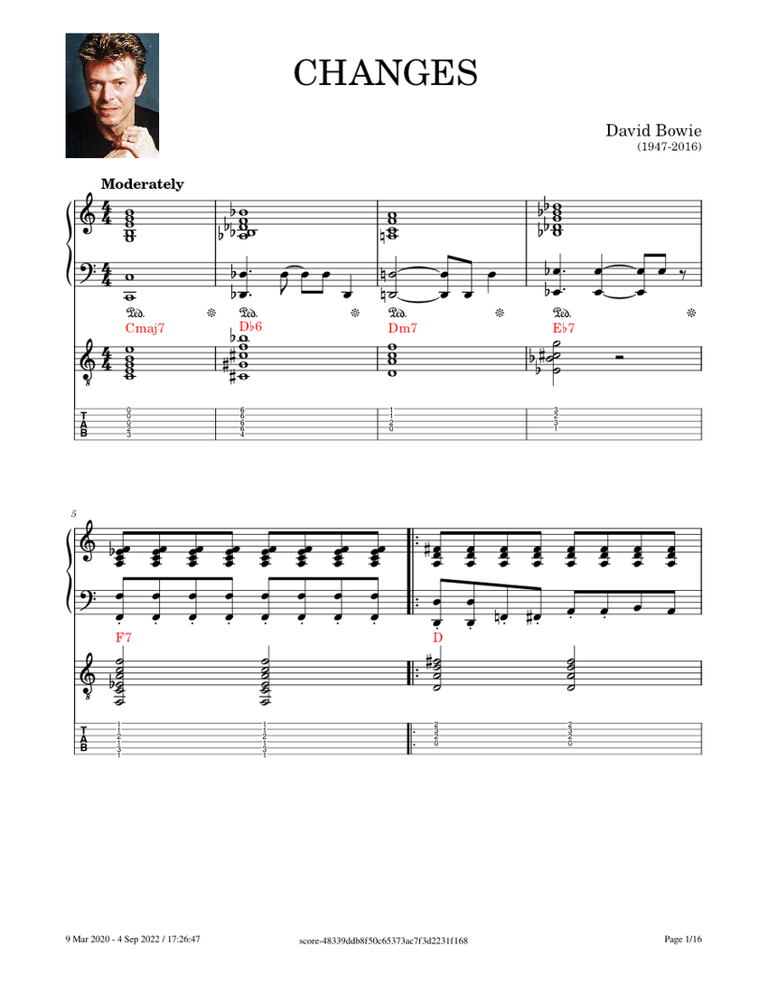 Changes – David Bowie Sheet Music and Tab with Chords for Piano, Violin ...