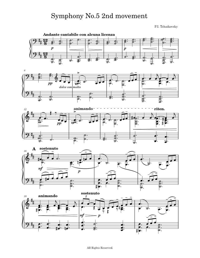Tchaikovsky Symphony No.5 2nd movement for piano solo Sheet music for Piano (Solo) | Musescore.com