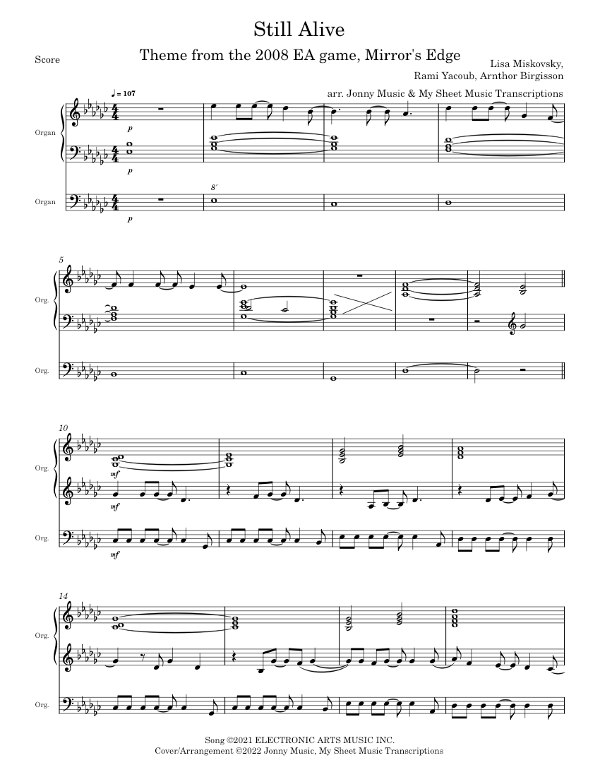 Still Alive (Lisa Miskovsky) Organ Cover Sheet music for Organ (Solo ...