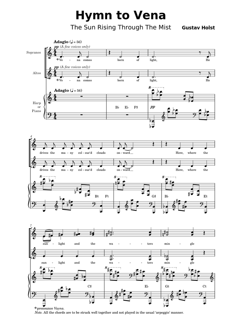Hymn to Vena – Gustav Holst Sheet Music for Soprano, Alto, Harp (Women ...