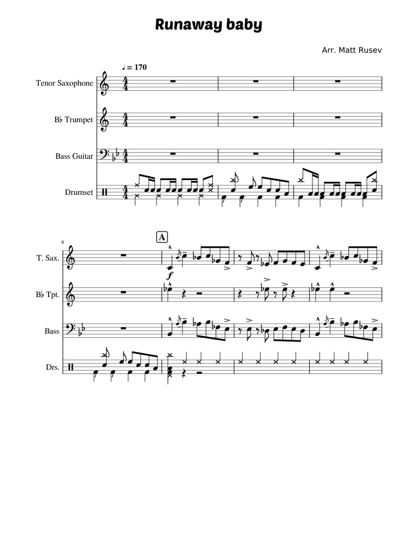 Runaway baby (4band) Sheet music for Saxophone tenor, Trumpet in b-flat ...