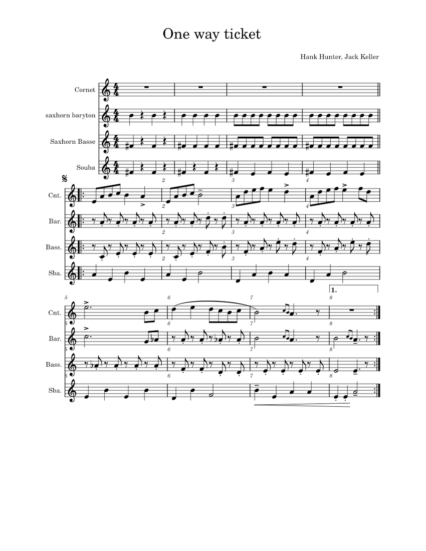 One way ticket Sheet Music for Cornet, Euphonium, Tuba (Mixed Quartet ...