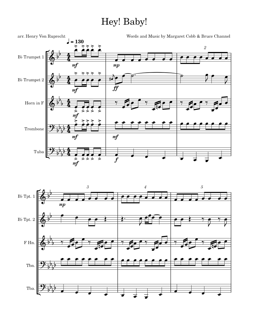 Hey! Baby! – Bruce Channel Sheet Music for Trombone, Tuba, Trumpet in b ...