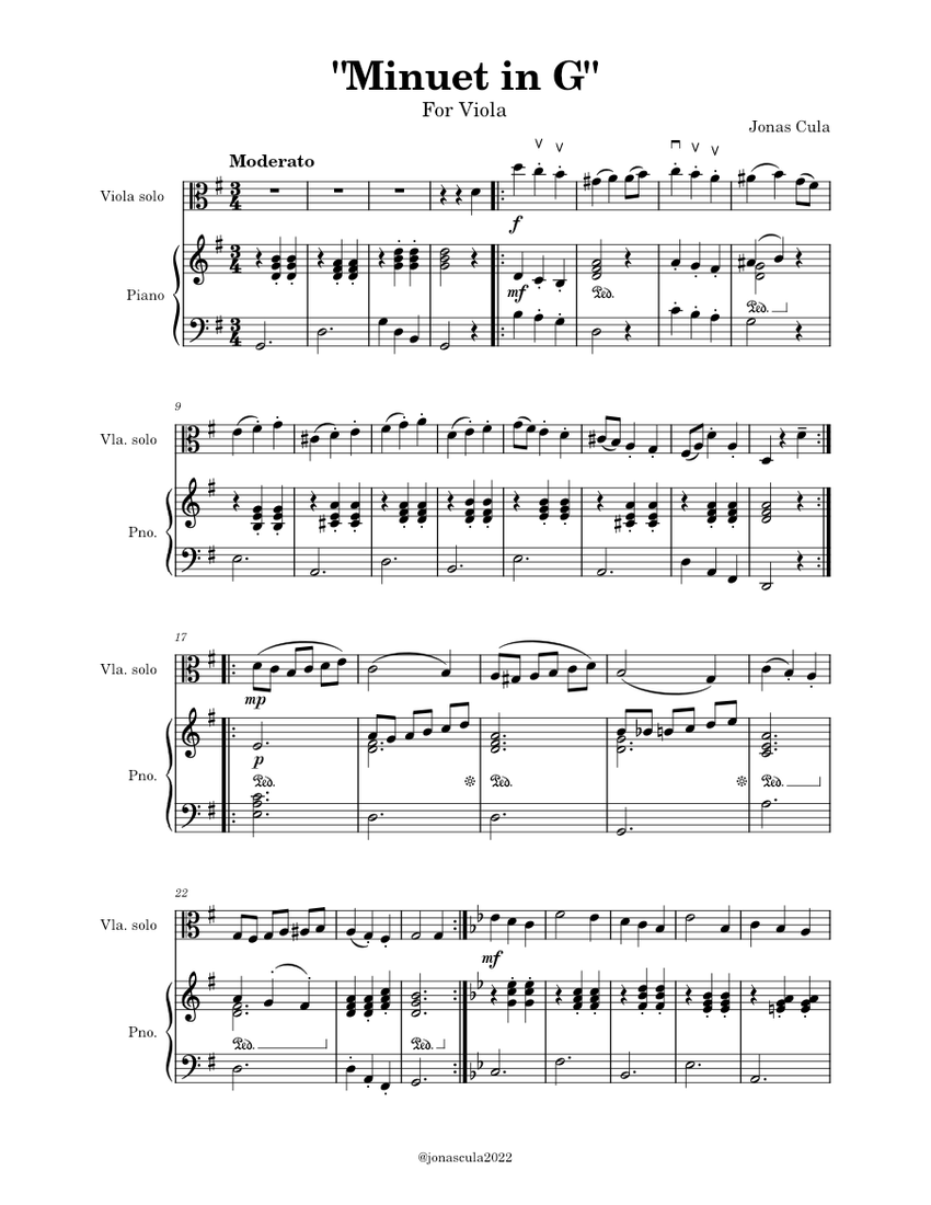 Minuet in G (For Viola) - Composed By: Jonas Cula Sheet Music for Piano ...