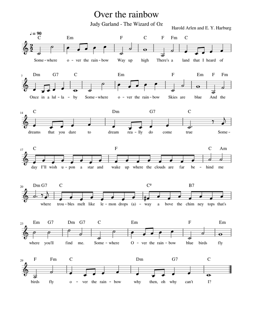 Over the rainbow Sheet Music with Chords for Piano (Solo) easy ...