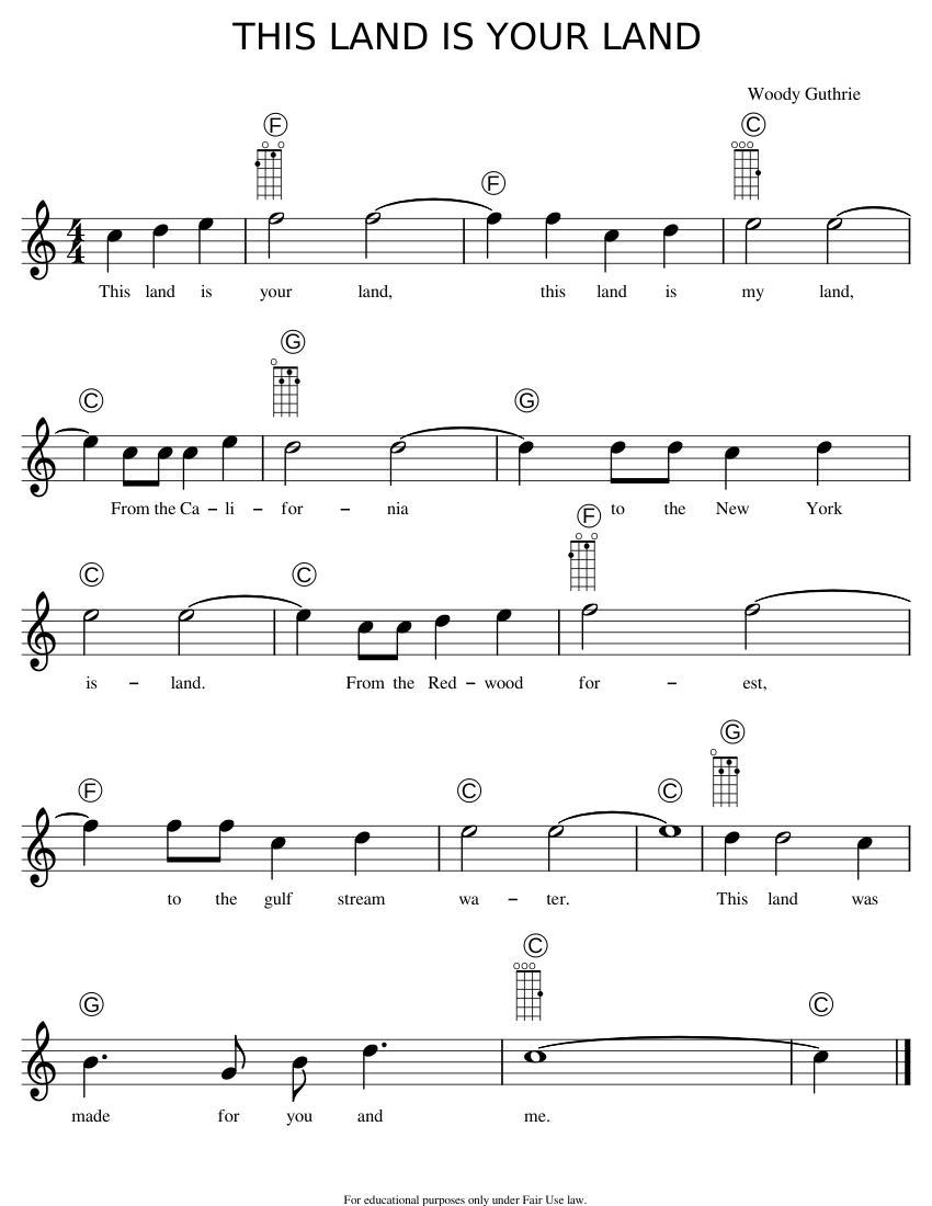 THIS LAND IS YOUR LAND Sheet Music with Chords for Piano (Solo) Easy ...