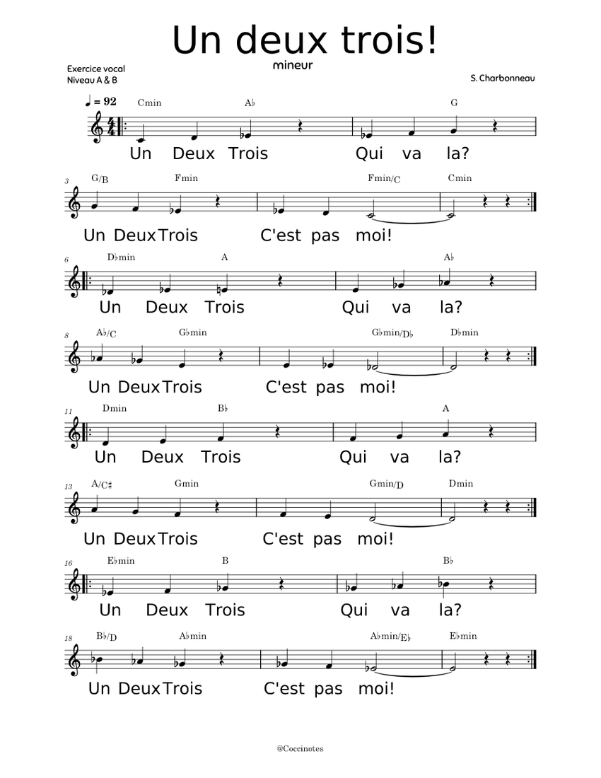 Un Deux Trois - Niveau A et B - mineur Sheet Music with Chords for ...