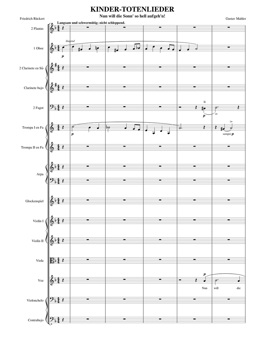 KINDER-TOTENLIEDER 1º Gustav Mahler Sheet Music for Vocals, Flute, Oboe ...