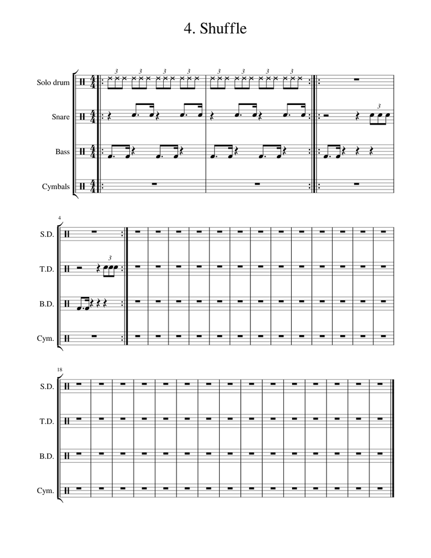 4. Shuffle Sheet Music for Snare drum, Crash, Tenor drum, Bass drum ...