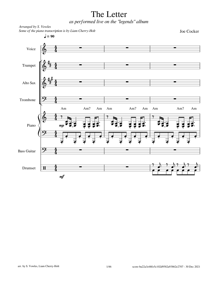 The Letter (Joe Cocker) Sheet Music with Chords for Piano, Trombone ...