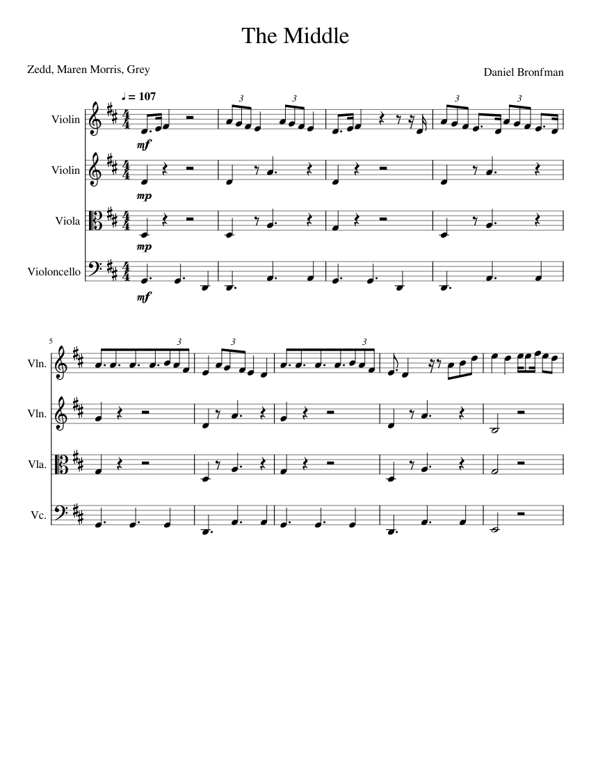 The Middle Sheet Music for Violin, Viola, Cello (String Quartet ...