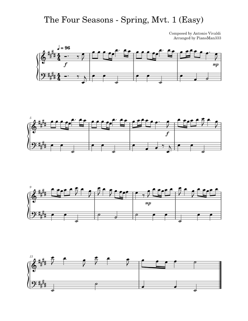 The Four Seasons - Spring, Mvt. 1 (Easy Piano) Sheet Music for Piano ...