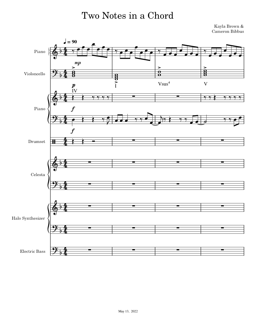 Two Notes on a Staff Sheet music for Piano, Celesta, Cello, Bass guitar ...