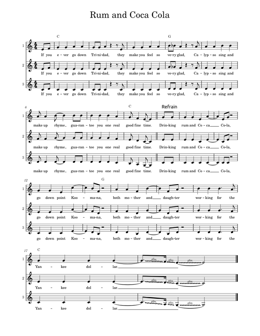 Rum and Coca Cola Sheet Music with Chords for Vocals (Women’s Choir) | MuseScore.com