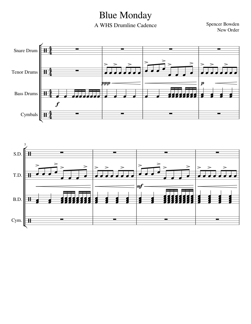 Blue_Monday Sheet Music for Snare drum, Crash, Tenor drum, Bass drum ...