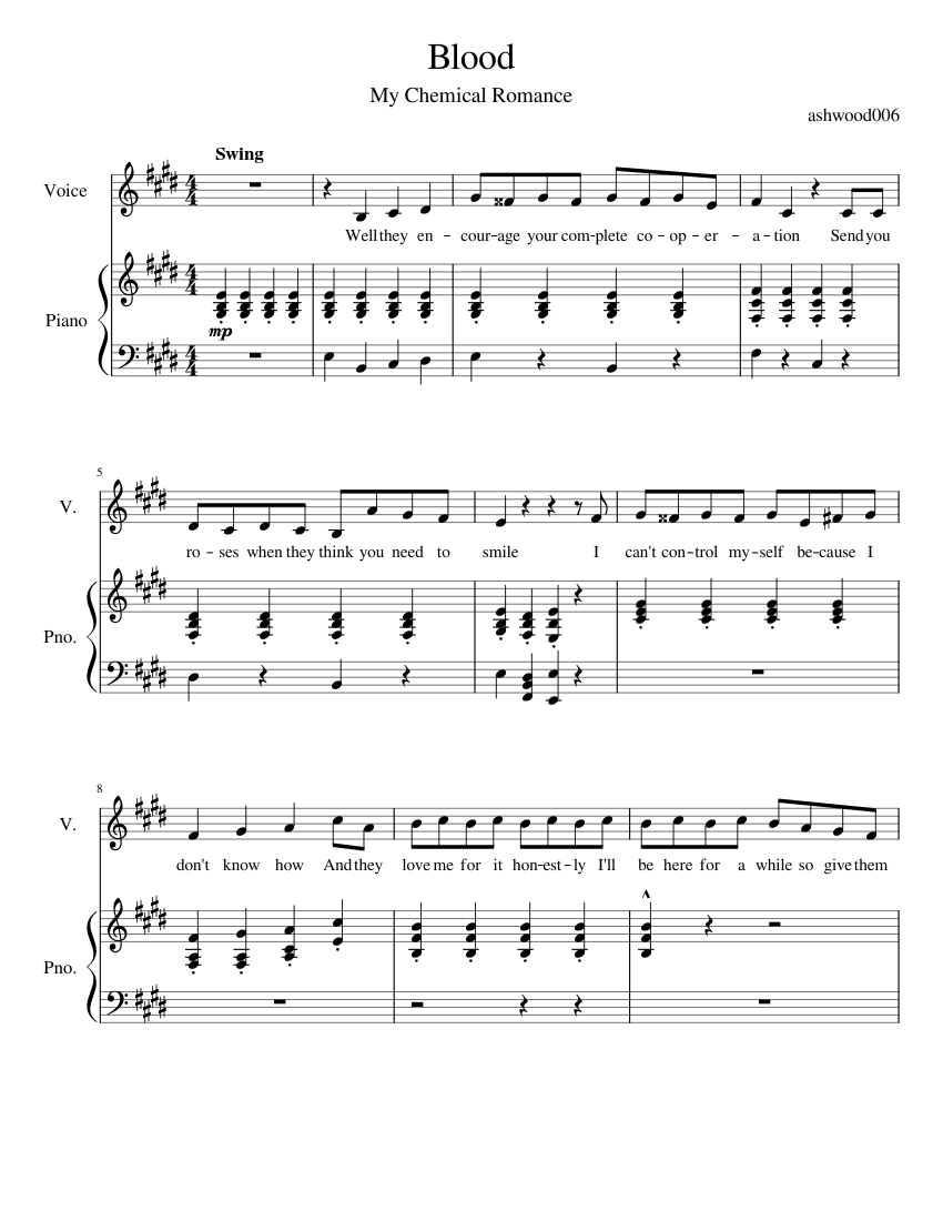 Blood - My Chemical Romance (MCR) Sheet Music for Piano (Piano-Voice ...