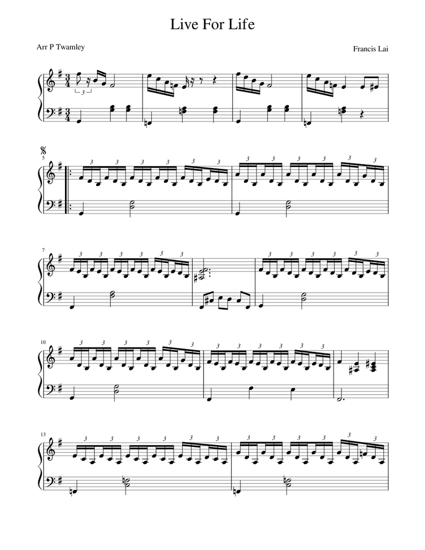 Live For life "vivre pour vivre" Francis Lai Sheet music for Piano ...