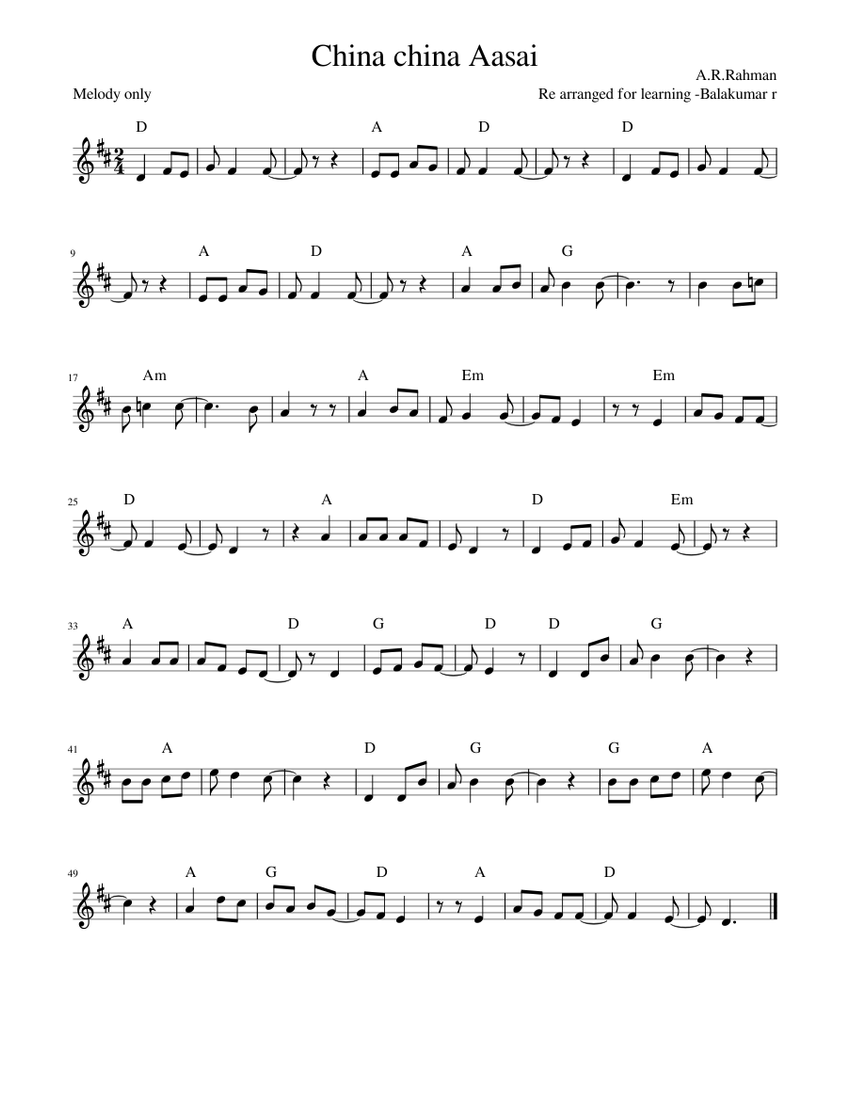 China china Aasai Sheet Music with Chords for Piano (Solo) easy ...