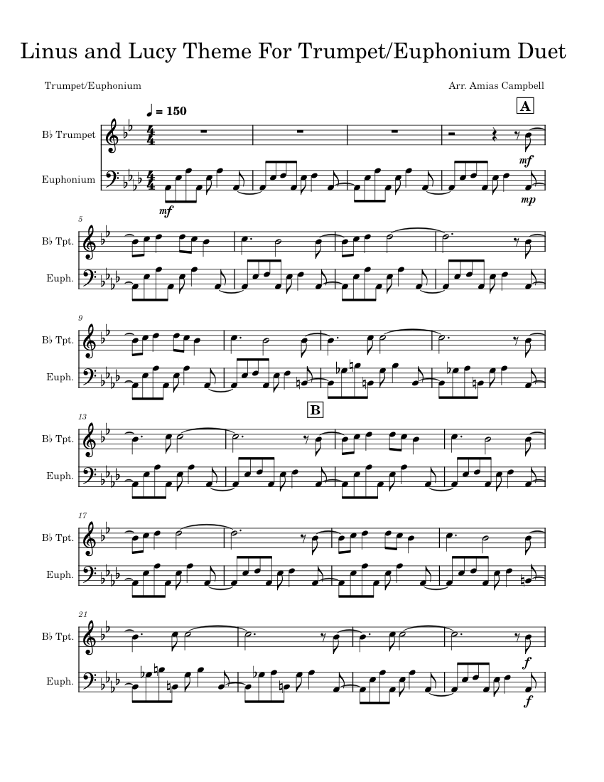 Linus and lucy - Trumpet/Euphonium Duet Sheet Music for Euphonium, Trumpet in b-flat (Brass Duet ...