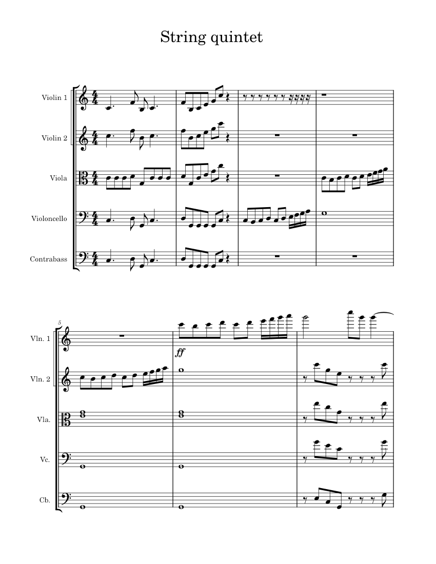 String quintet Sheet music for Contrabass, Violin, Viola, Cello (String ...