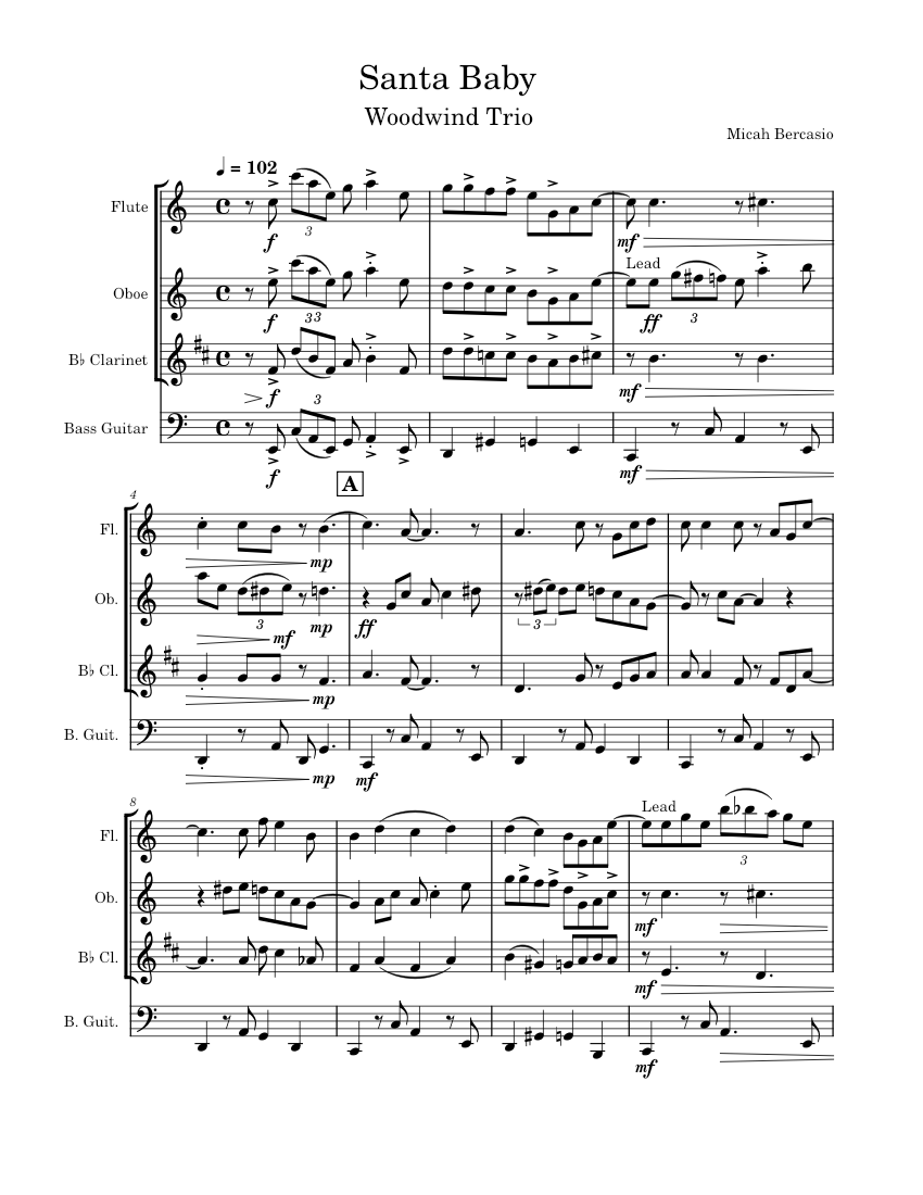 Santa Baby Sheet Music for Flute, Oboe, Clarinet in b-flat, Bass guitar ...