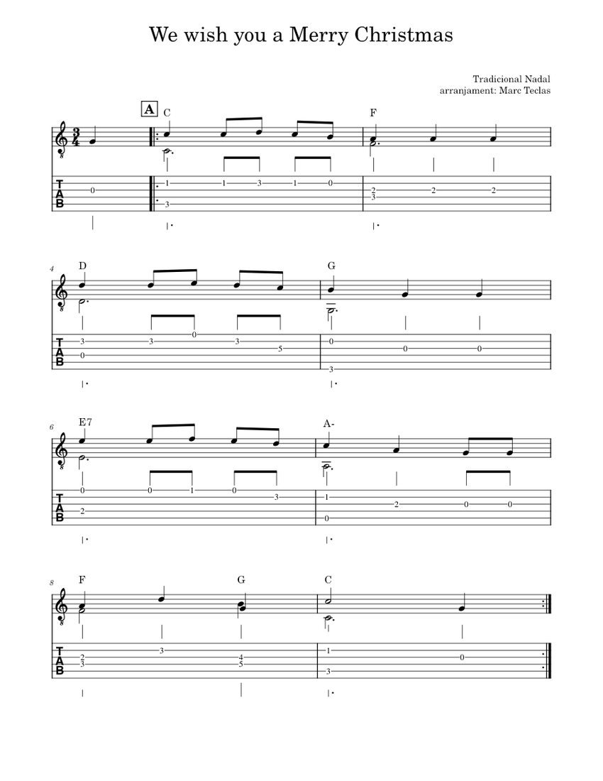 We wish you a Merry Christmas -Guitar solo (fàcil) Sheet Music and Tab ...
