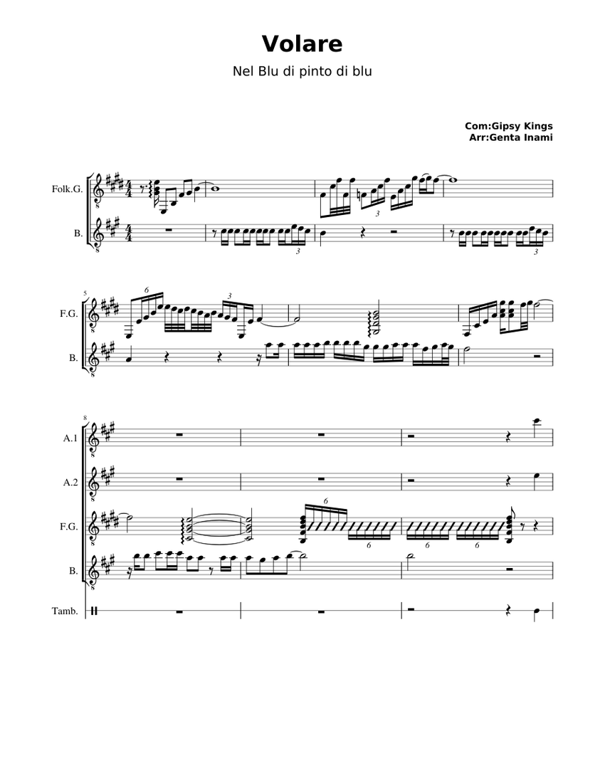 Volare Sheet Music with Chords for Tambourine, Guitar (Mixed Ensemble ...