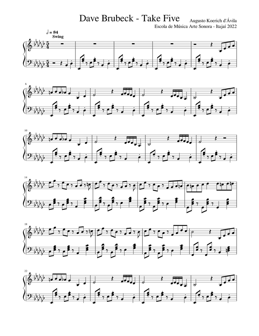 Dave Brubeck - Take Five Sheet Music for Piano (Solo) | MuseScore.com