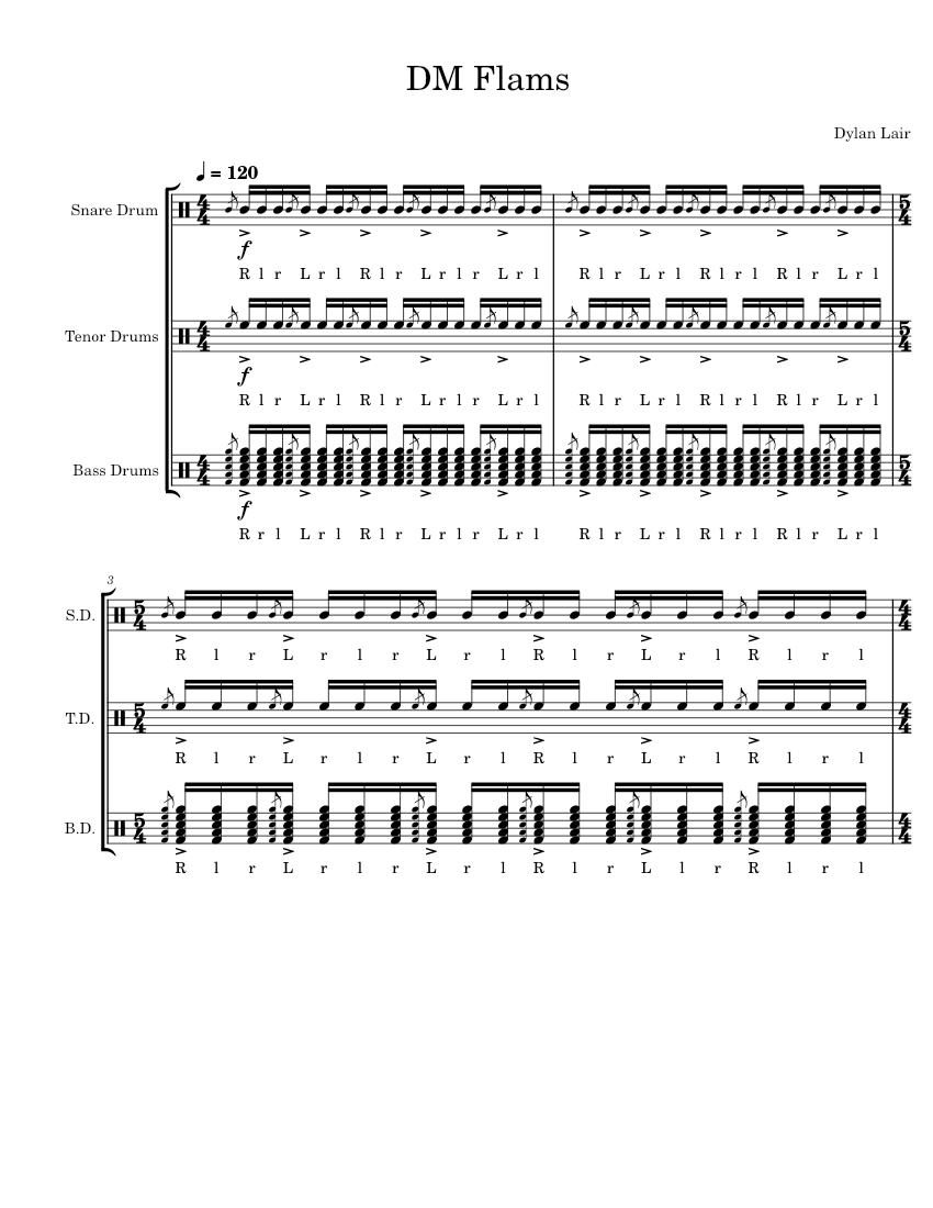 DM Flams Sheet Music for Snare drum, Tenor drum, Bass drum (Percussion ...