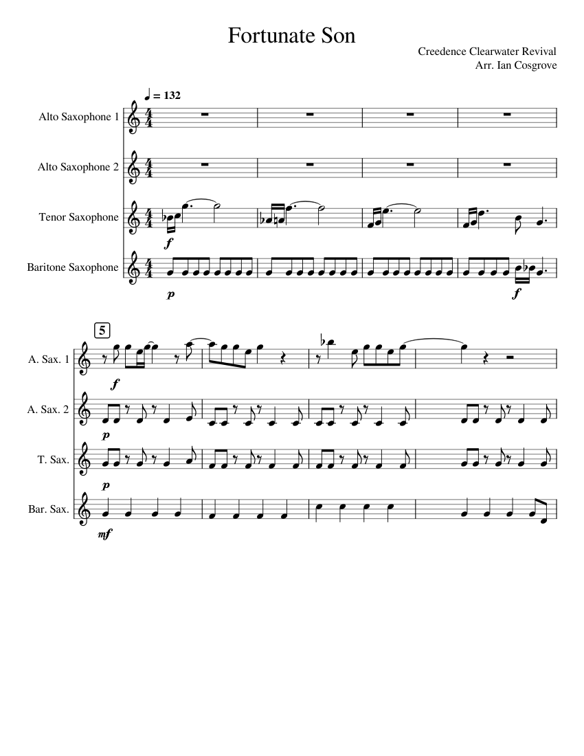 Fortunate son – Creedence Clearwater Revival Sheet Music for Saxophone alto, Saxophone tenor ...