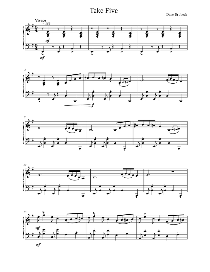 Take Five – The Dave Brubeck piano Sheet Music for Piano (Solo ...