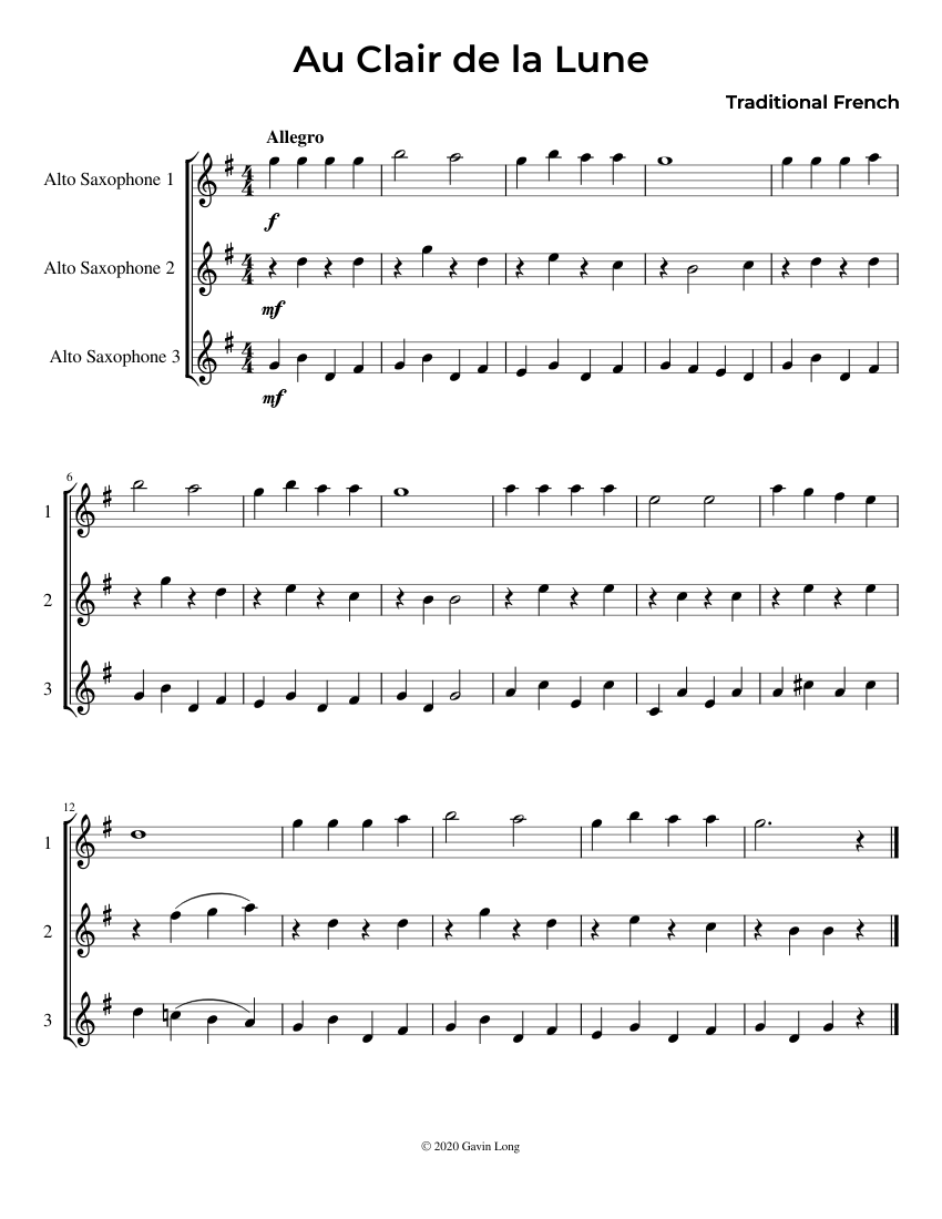 Au Clair de la Lune Woodwind Trio: Alto Sax Sheet Music for Saxophone ...