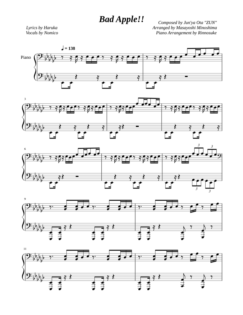 Bad Apple!! Sheet Music for Piano (Solo) | MuseScore.com