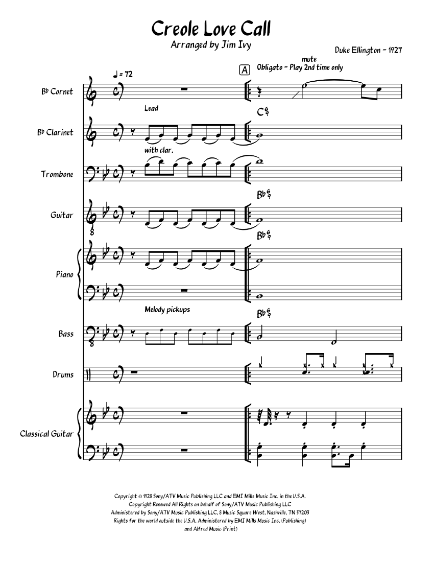 Creole Love Call Sheet music for Piano, Trombone, Cornet, Clarinet in b ...
