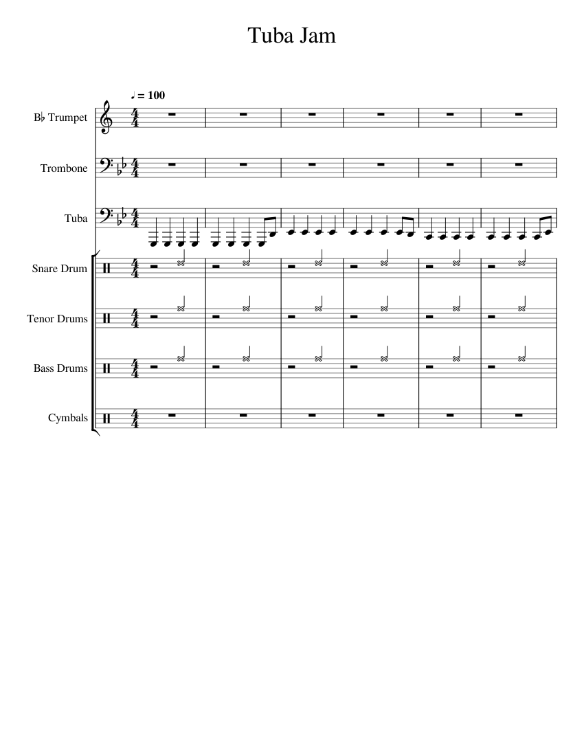 Tuba Jam Sheet music for Trombone, Tuba, Trumpet in b-flat, Snare drum ...