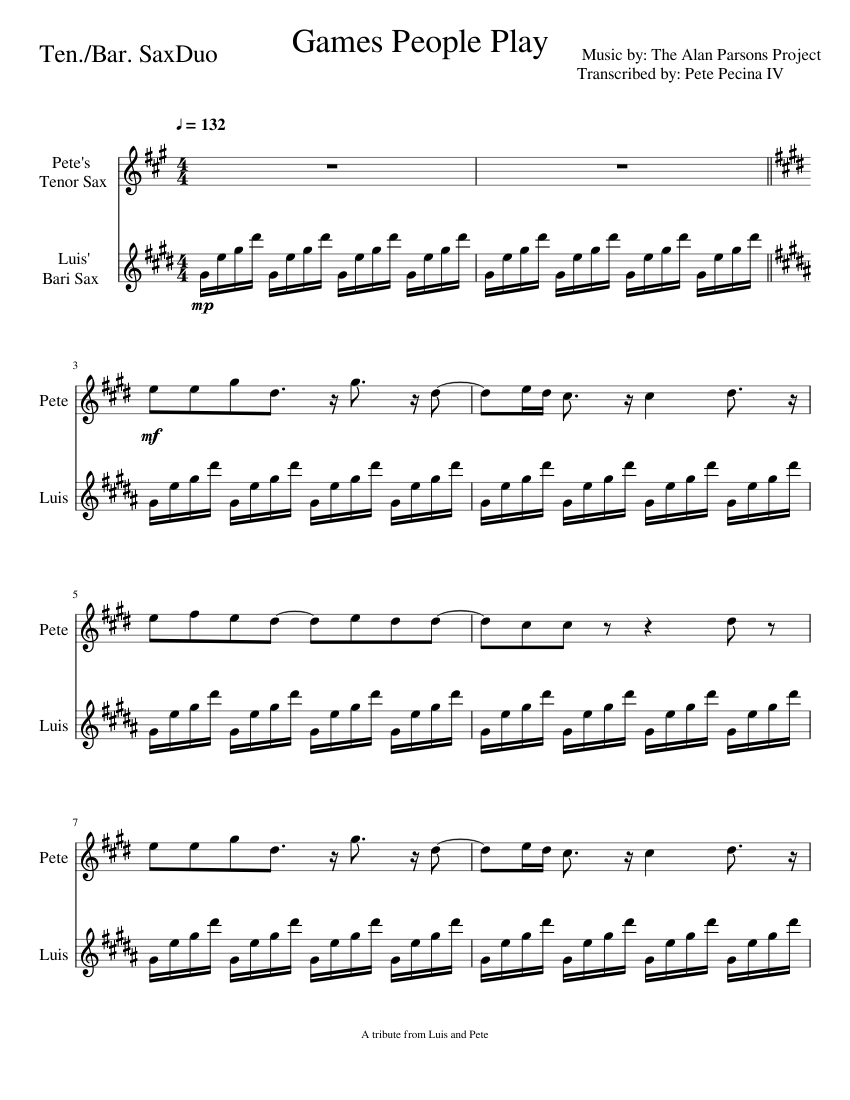 Games People Play Saxophone Duet by The Alan Parsons Project Sheet ...