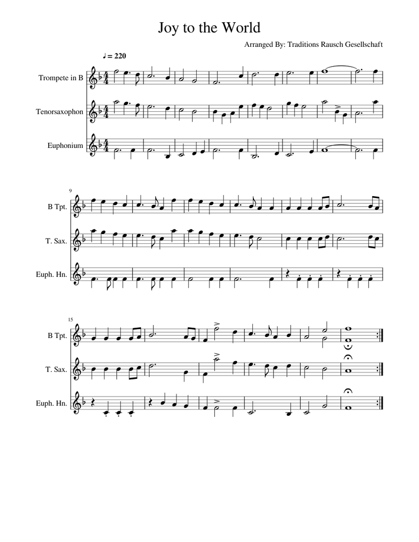 Joy to the World Sheet Music for Euphonium, Saxophone tenor, Trumpet in ...