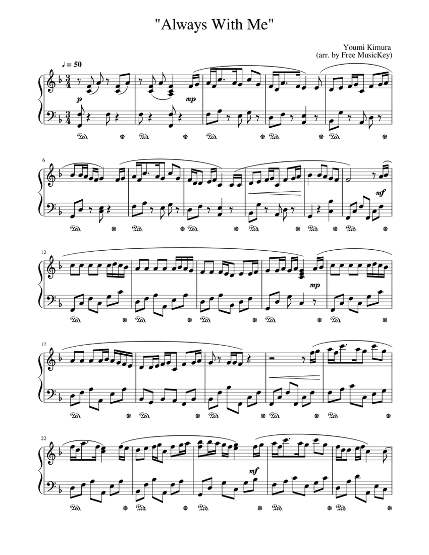 Youmi Kimura "Always With Me" Easy Piano (arr. by Free MusicKey) Sheet ...