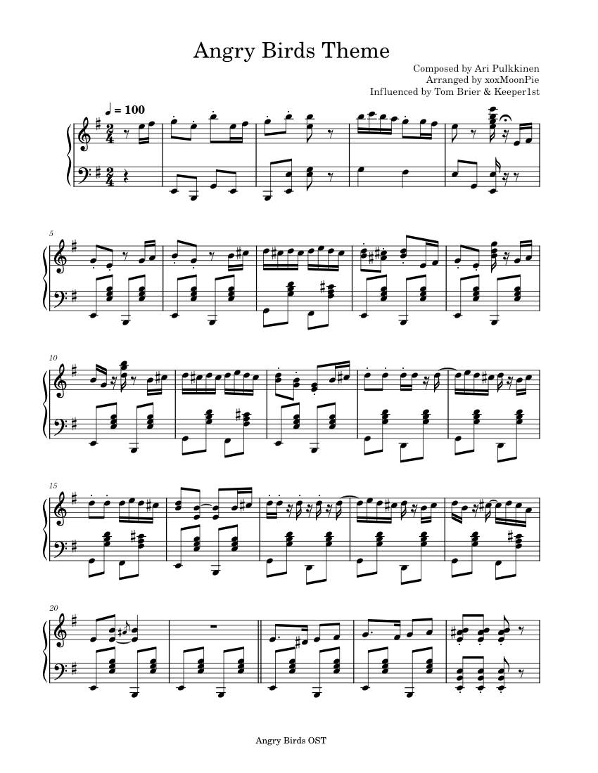 Angry Birds Theme – Ari Pulkkinen Angry Birds Theme Sheet Music for ...